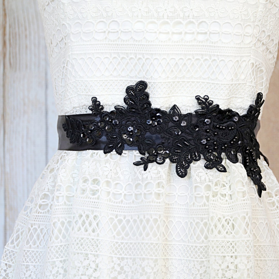 Black Beaded Lace Sash, Bridal Sash, Bridesmaid Sash, Black Wide Lace ...