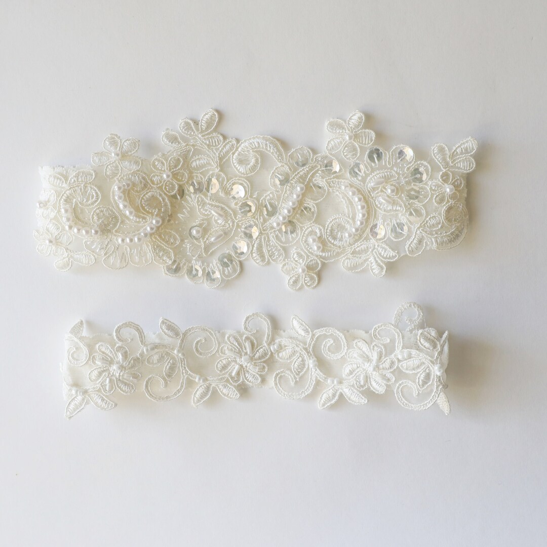 Light Ivory Pearl Beaded Lace Wedding Garter Set , Ivory Lace Garter ...
