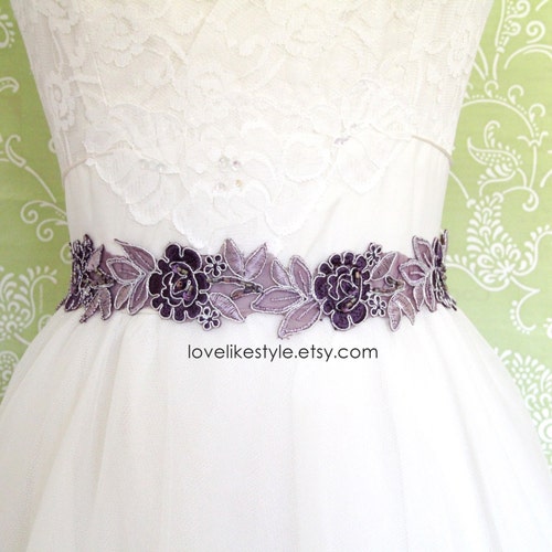 Purple and Lavender Embroidery Flower Lace Sash Bridal | Etsy