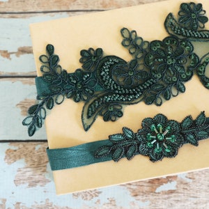 Wedding Garter Set Dark Green Beaded Lace Garter Hunter - Etsy