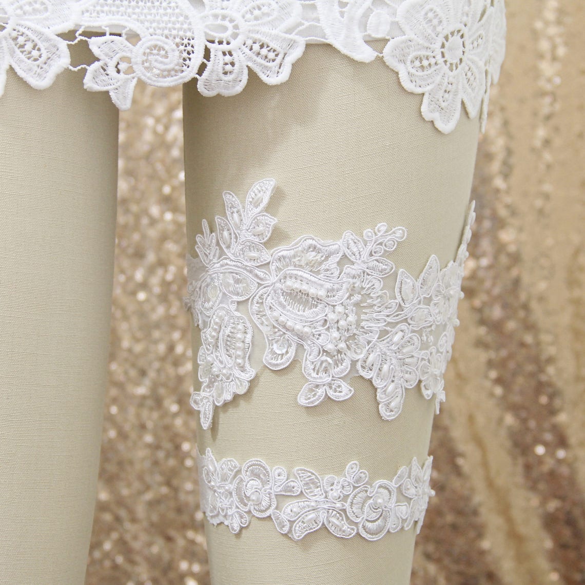 Wedding Garter Setwhite Beaded Lace Garter Setbridal Wedding - Etsy