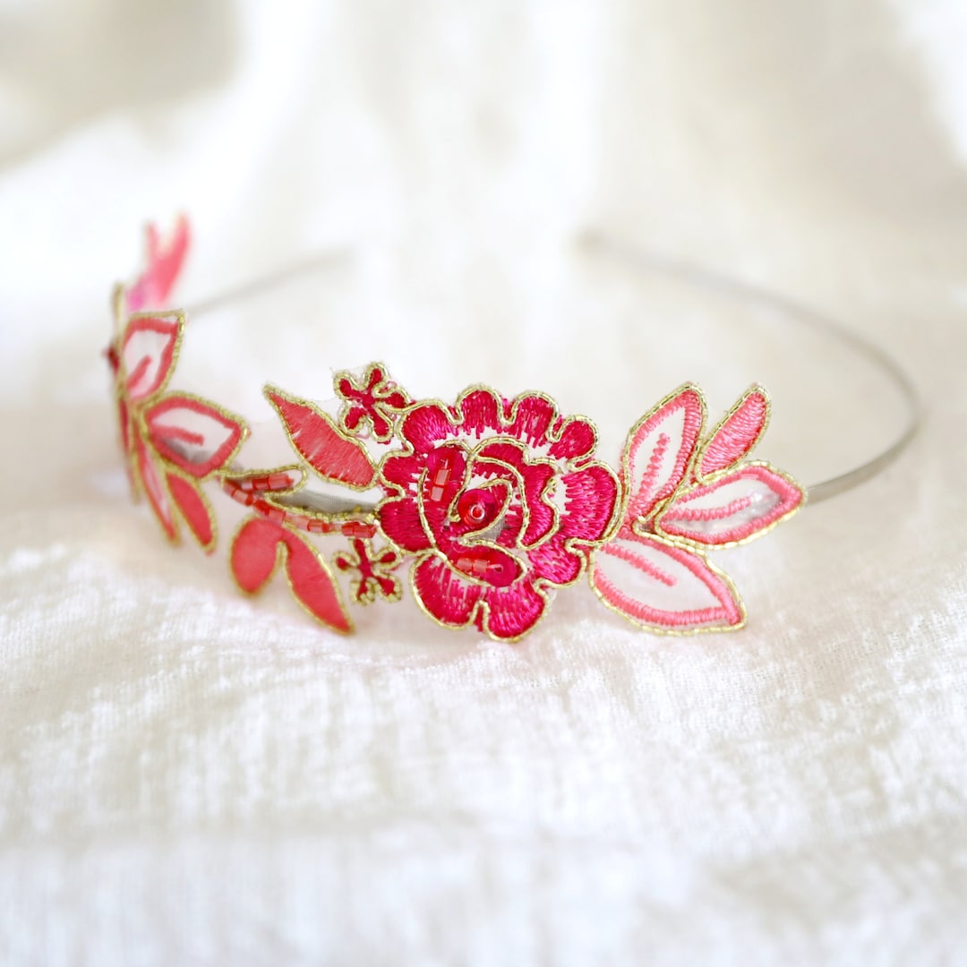Pink Lace Headband, Hot Pink and Rose Pink Beaded Flower Lace Headband ...