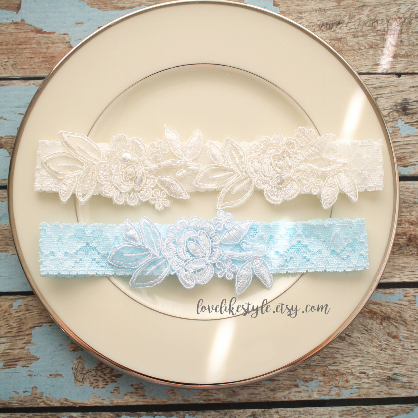 Ivory and Light Blue Embroidery Flower Lace Wedding Garter - Etsy
