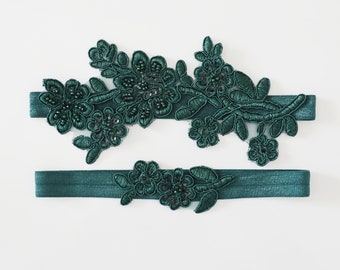 Wedding Garter Set, Dark Green Beaded Lace Garter, Hunter Green Garter ...