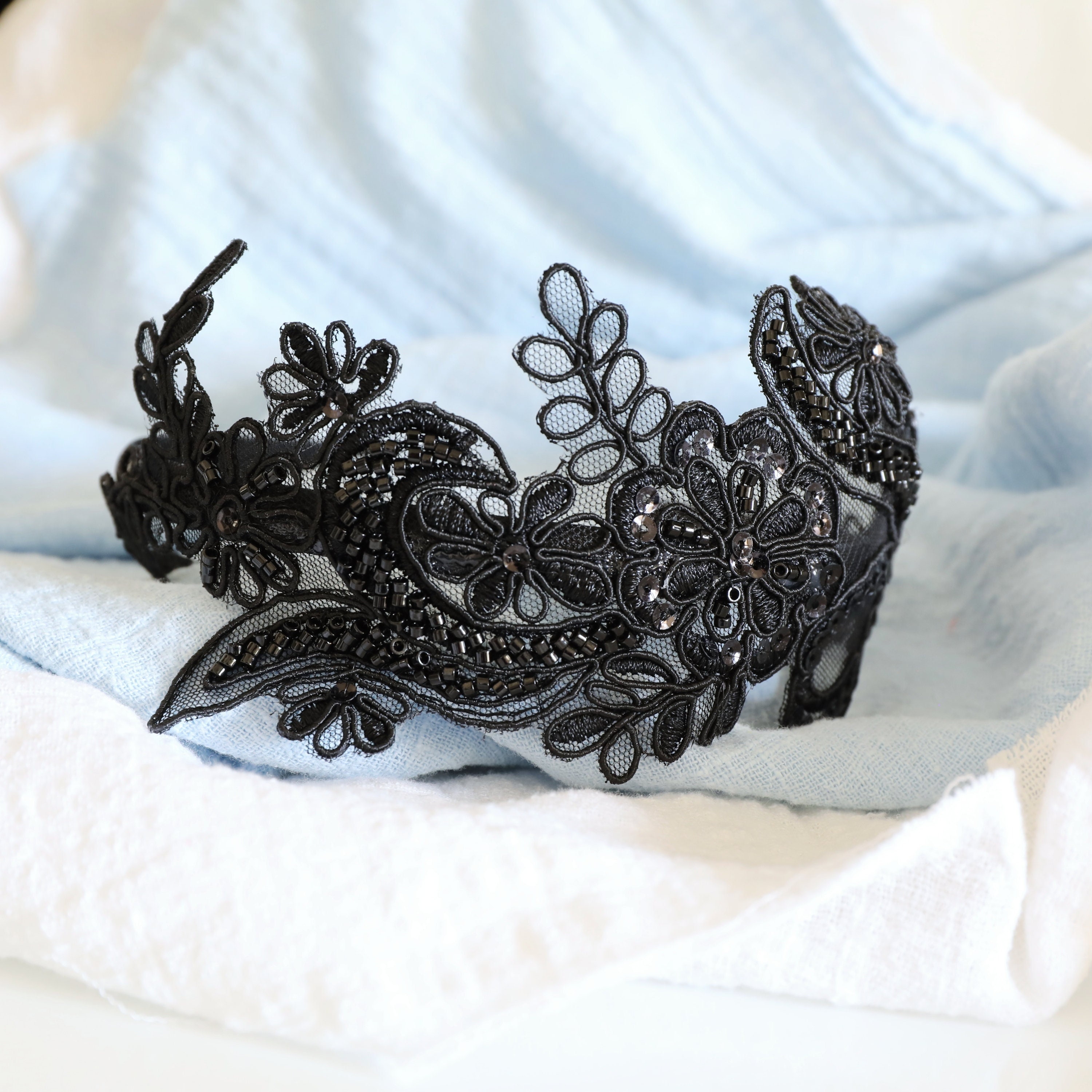 Black Beaded Lace Headband, Bridal Hair Accessory - Etsy