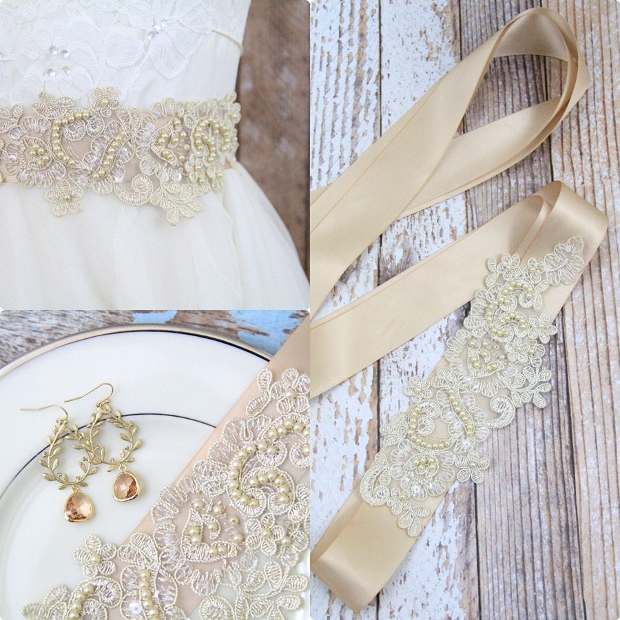 Light Gold Sequined and Beaded Lace Sash Champange Bridal | Etsy