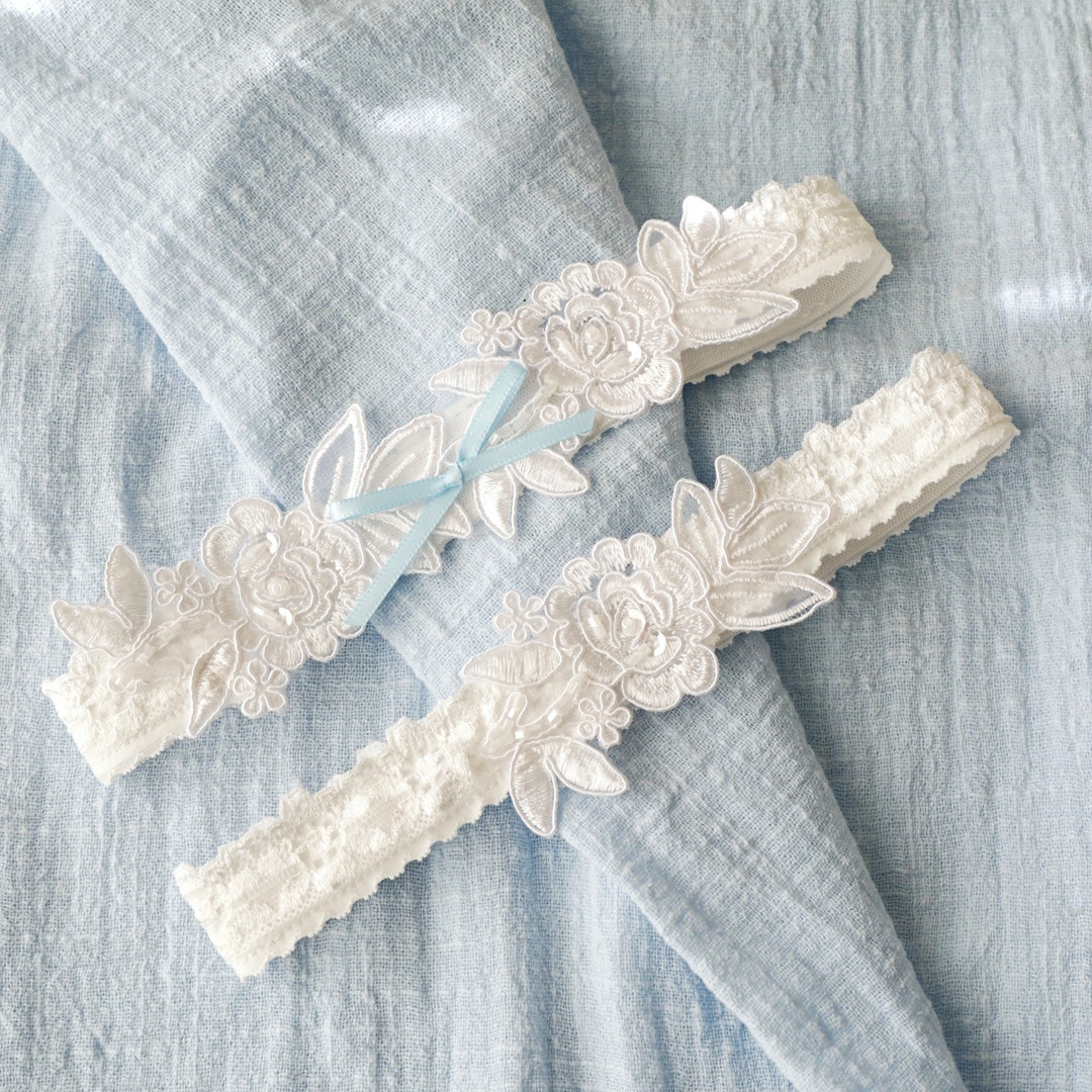 Beaded Flower Lace Wedding Garter Set: White & Blue Bridal Garters - Etsy