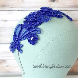Blue Beaded Lace Headband , Bridal Royal Blue Lace Headband, Blue Lace ...