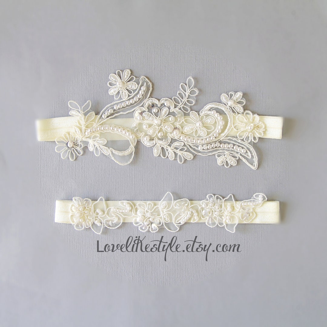 Wedding Garter Set, Ivory Beaded Lace Wedding Garter Set, Navy Lace ...