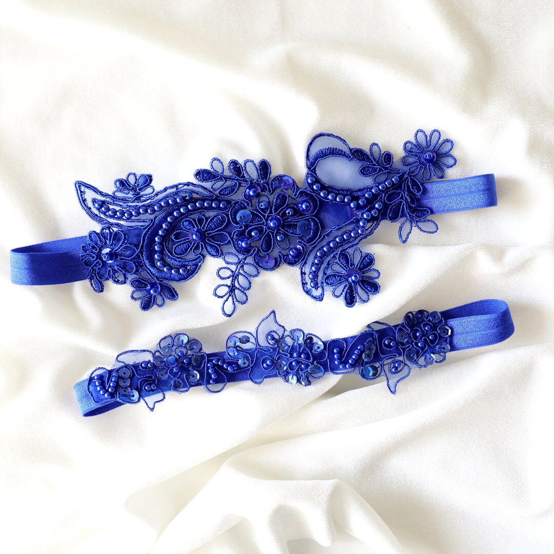 Royal Blue Beaded Lace Wedding Garter Set,blue Lace Garter, Blue Toss ...
