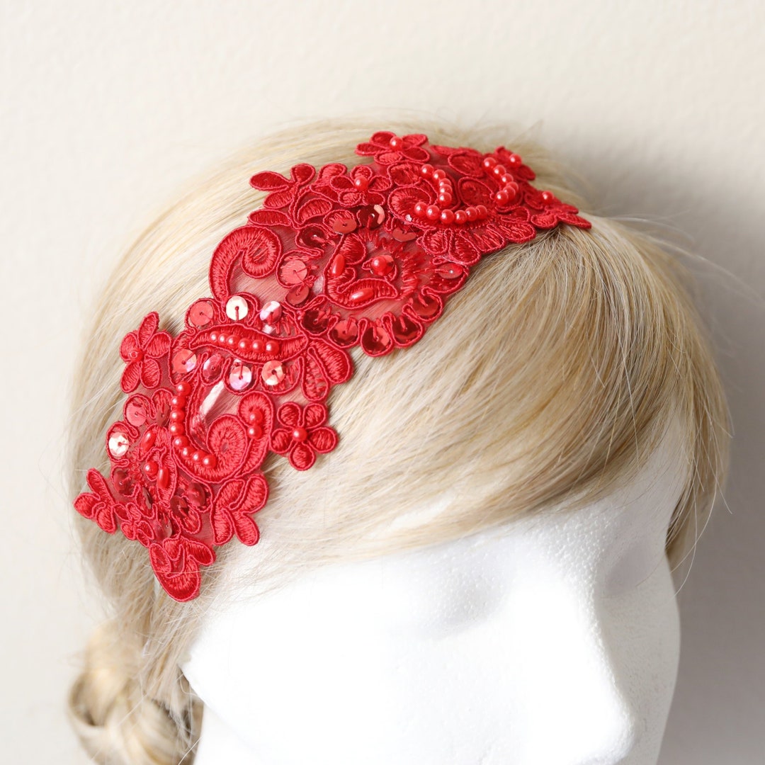 Red Beaded Lace Headband , Bridal Red Headband, Bridesmaid Red Lace ...