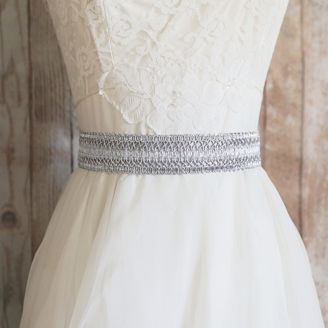 Silver Metallic Lace Bridal Sash: Gray Satin Ribbon, Flower Girl Sash ...
