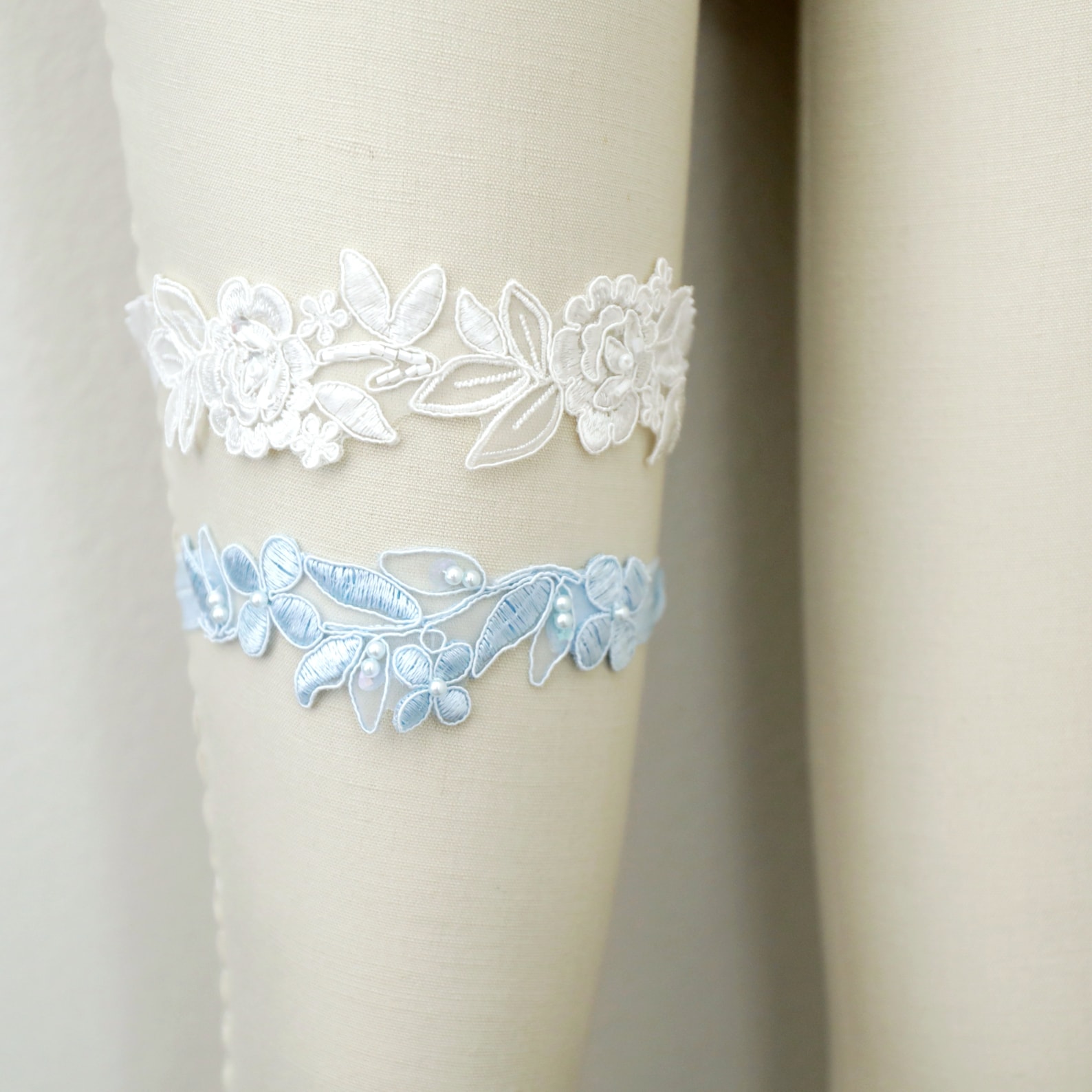 Ivory and Light Blue Embroidery Flower Lace Wedding Garter | Etsy