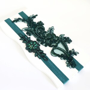 Wedding Garter Set Dark Green Beaded Lace Garter Hunter - Etsy