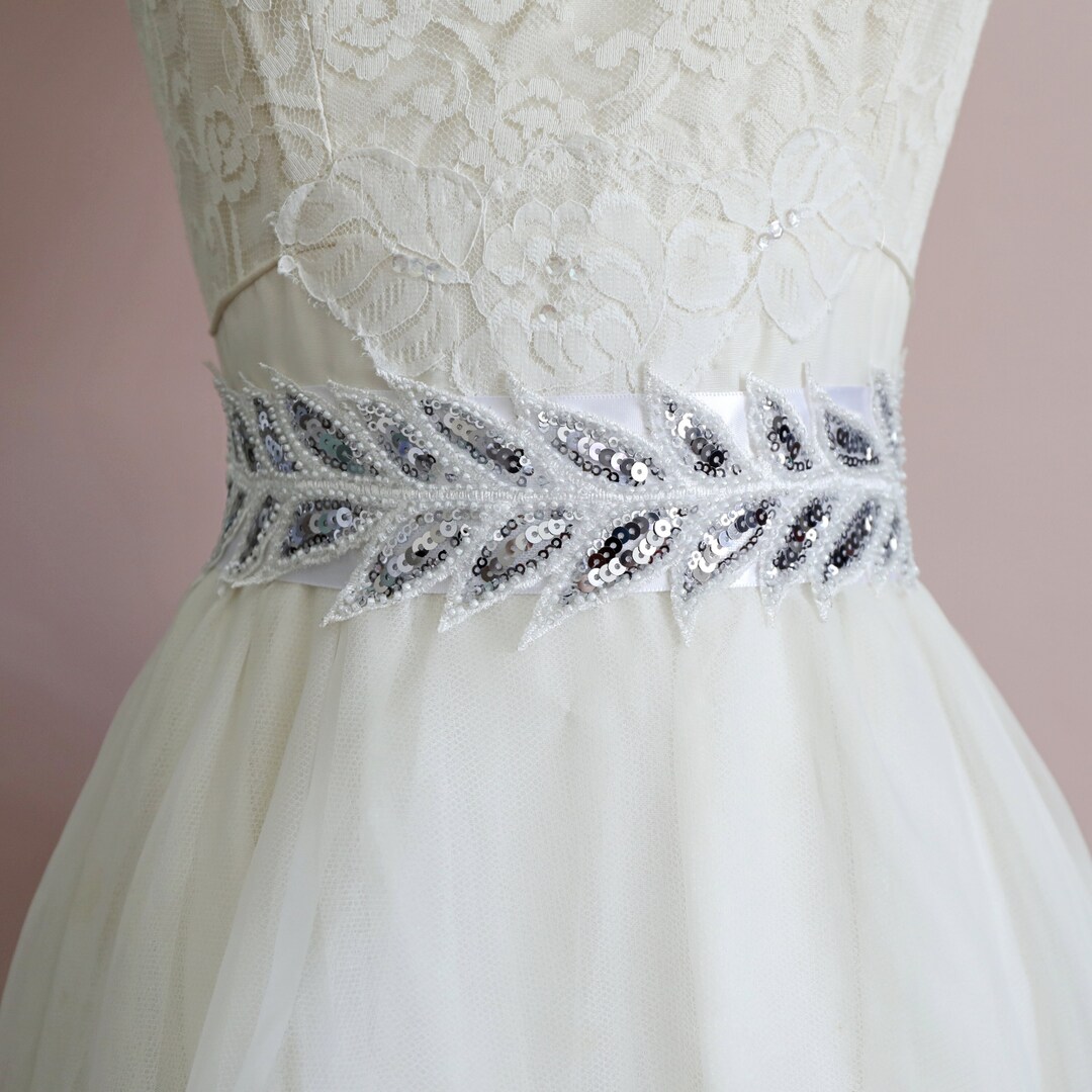 White and Silver Seqins Leaf Lace White Ribbon Sash Belt, Bridal Silver ...