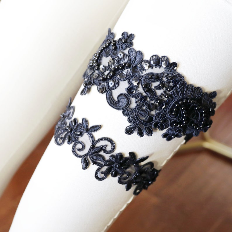 Black Beaded Lace Wedding Garter Set Black Lace Garter Set | Etsy