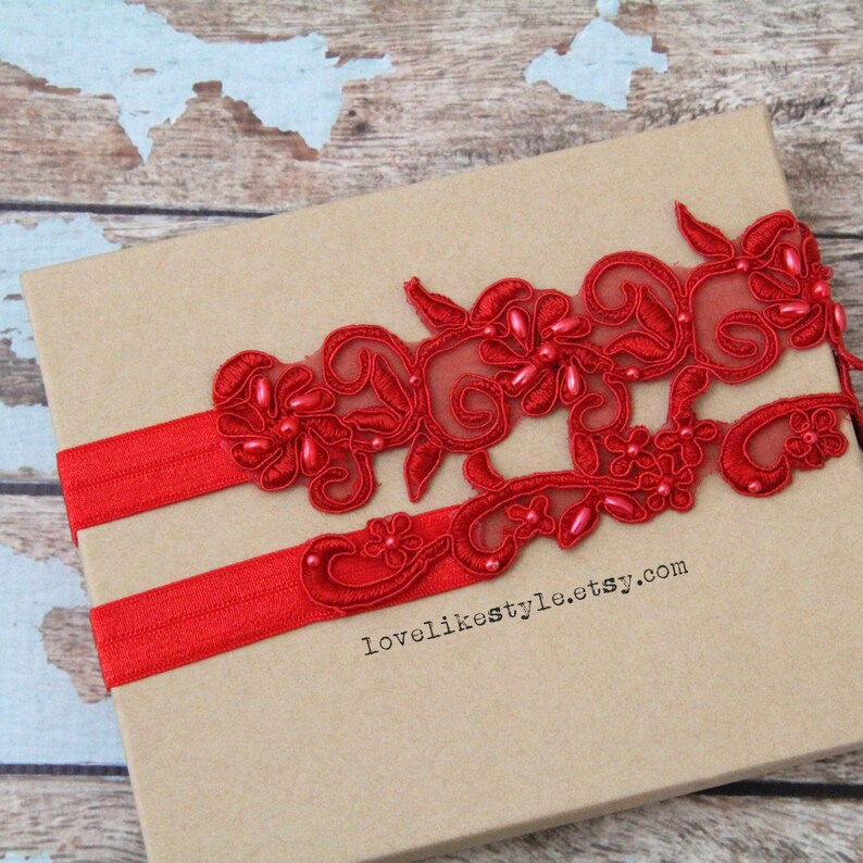 Red Beaded Lace Wedding Garter Set Red Lace Garter Set Toss | Etsy