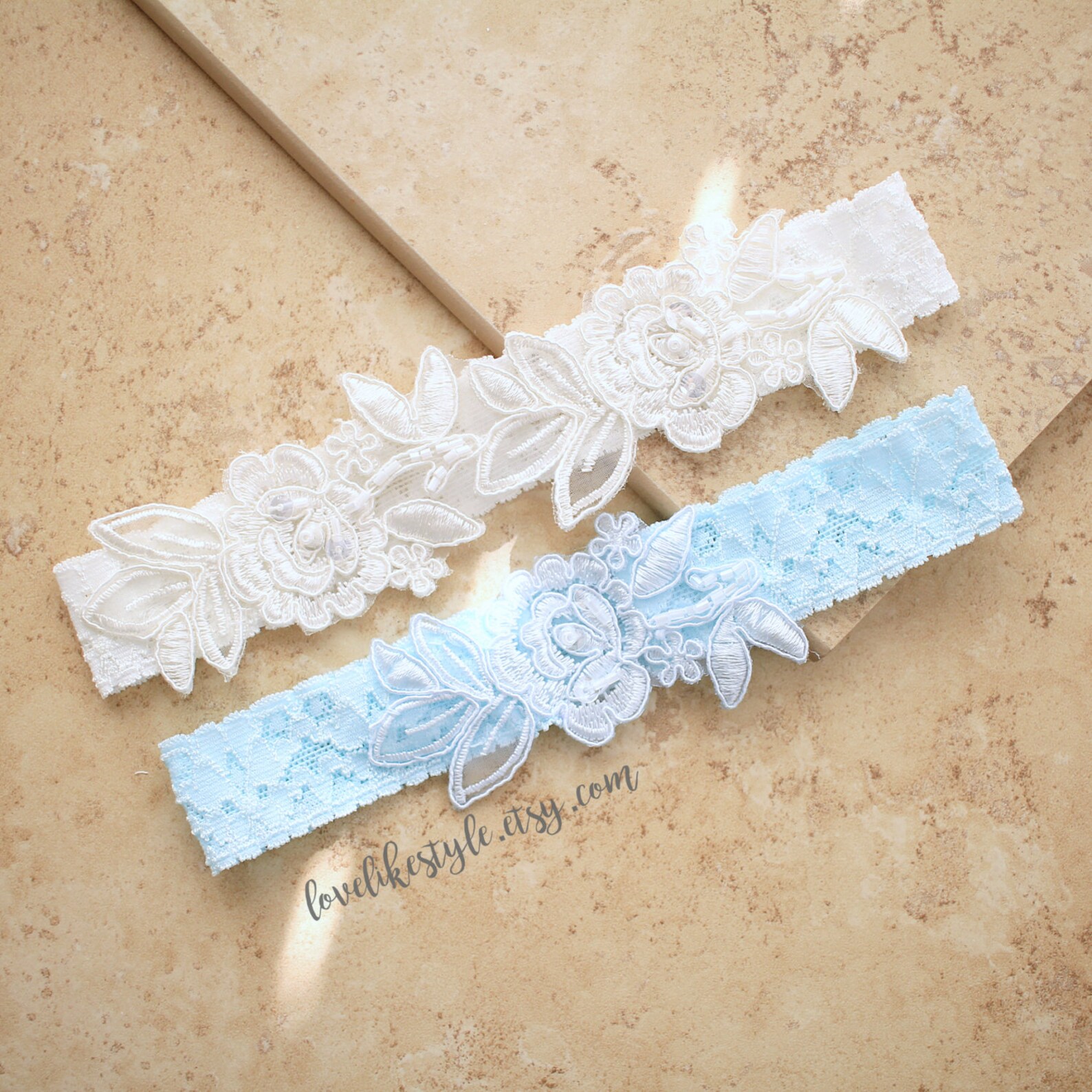 Ivory and Light Blue Embroidery Flower Lace Wedding Garter - Etsy