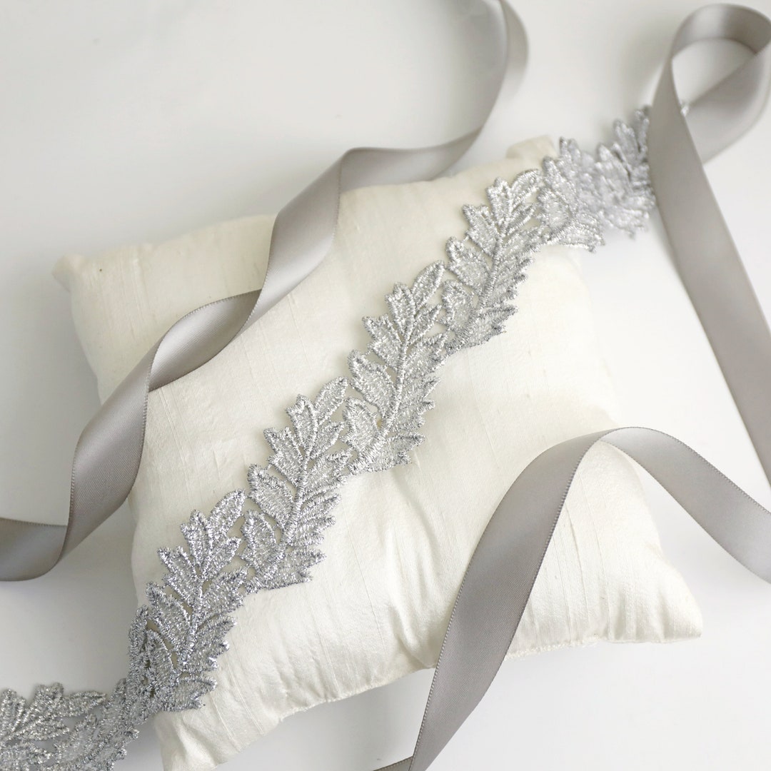 Silver Leaf Lace Bridal Sash: Metallic Wedding Belt, Gray Ribbon - Etsy