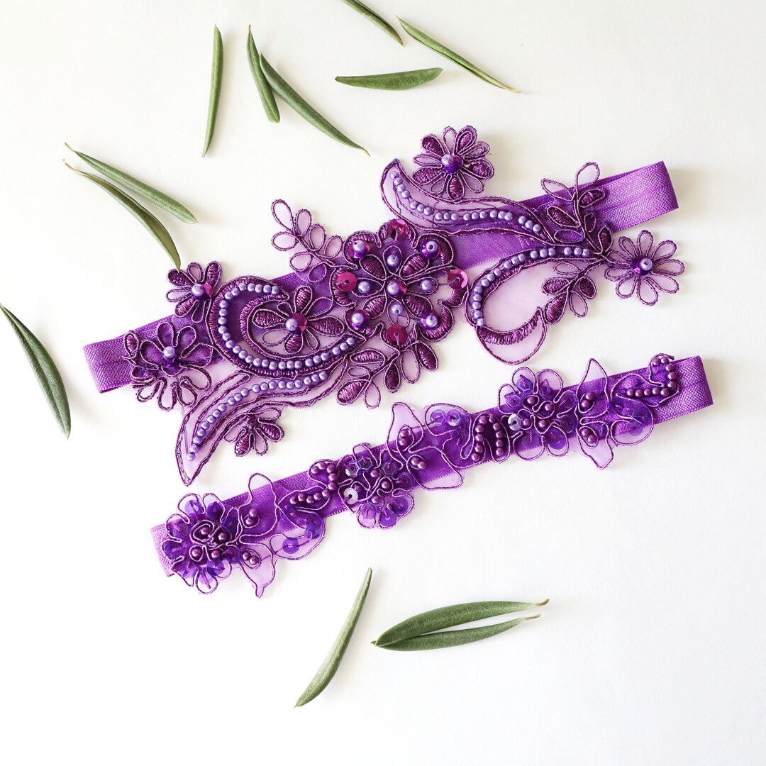 Purple Beaded Lace Wedding Garter Set,purple Lace Garter, Purple Toss ...