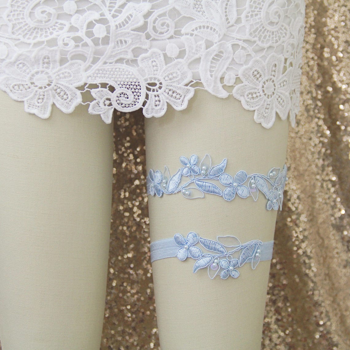 Light Blue Embroidery Flower Lace Wedding Garter Light Blue | Etsy