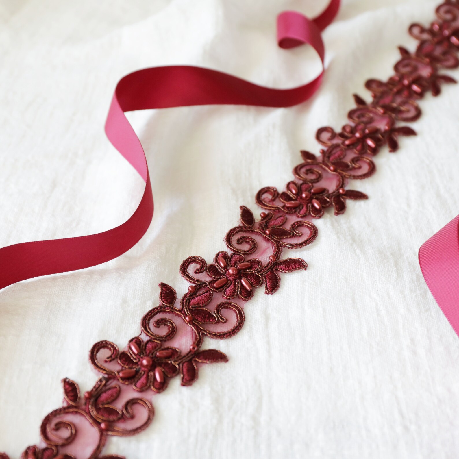 Burgundy Beaded Lace with Satin Ribbon Sash Bridal Burgundy | Etsy