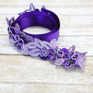 Purple and Lavender Beaded Lace Sash, Purple Lace Headband ,bridal ...