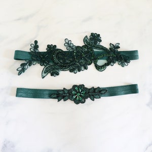 Wedding Garter Set Dark Green Beaded Lace Garter Hunter - Etsy