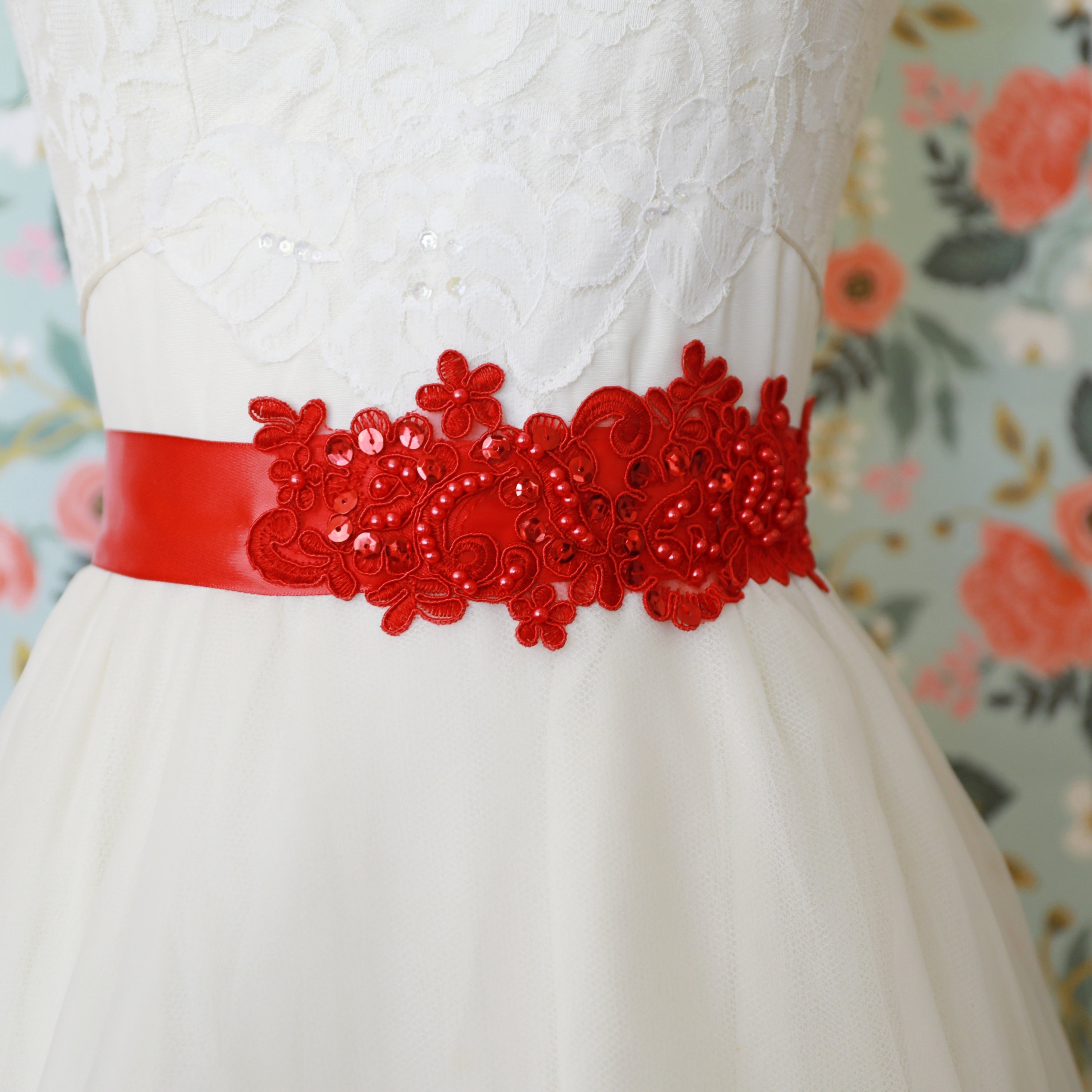 Red Beaded Lace Sash Bridal Red Sash Bridesmaid Sash Flower | Etsy