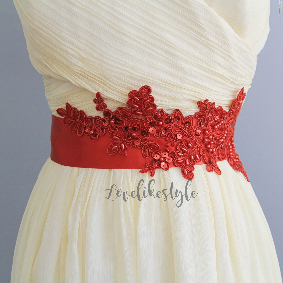 Red Beaded Lace Sash, Bridal Sash, Bridesmaid Sash, Red Sash,flower ...