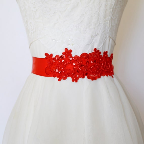 Red Beaded Lace Sash Bridal Red Sash Bridesmaid Sash Flower | Etsy