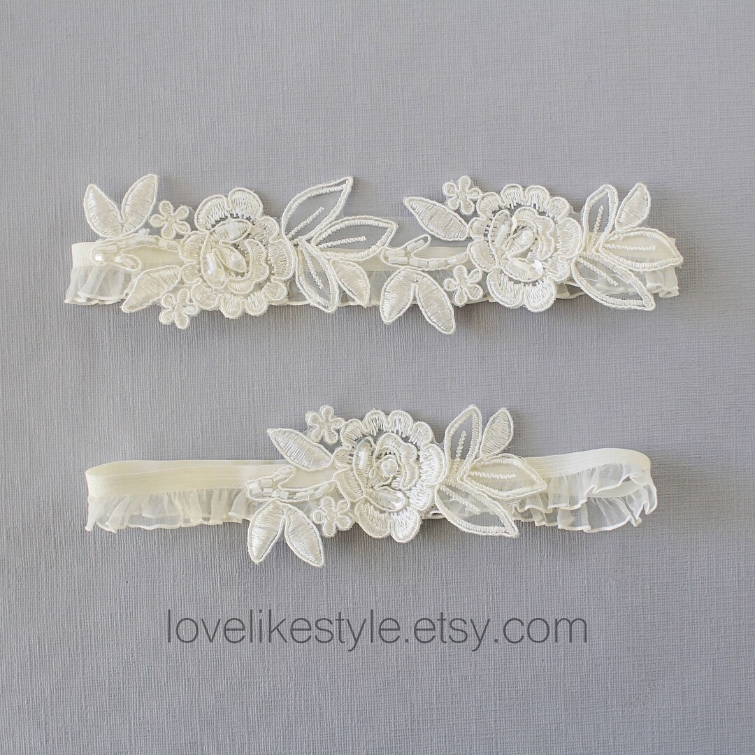 Wedding Garter Set, Ivory Embroidery Flower With Ruffle Elastic Garter ...