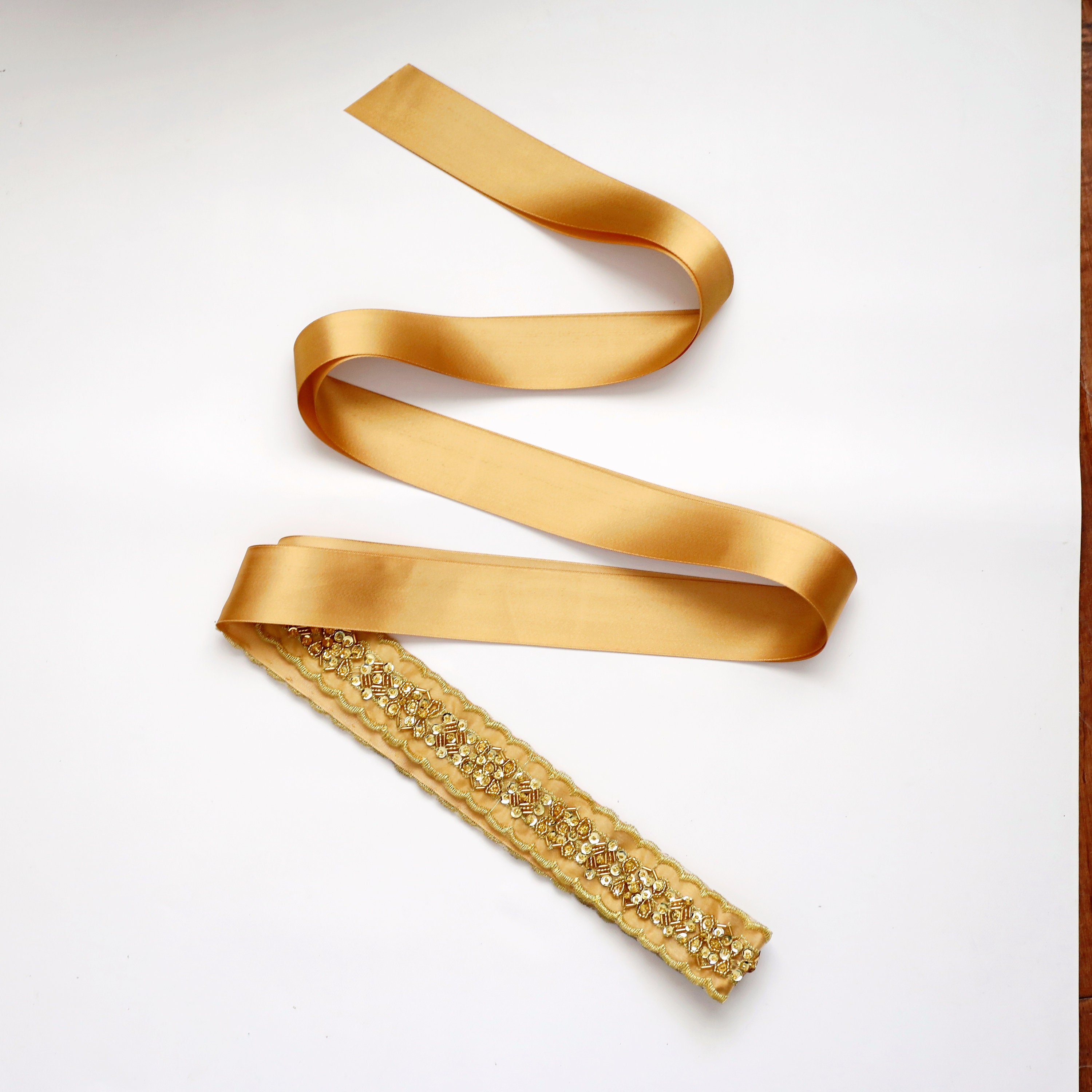 Gold Sequined Lace with Old Gold Ribbon Sash Bridal Gold | Etsy