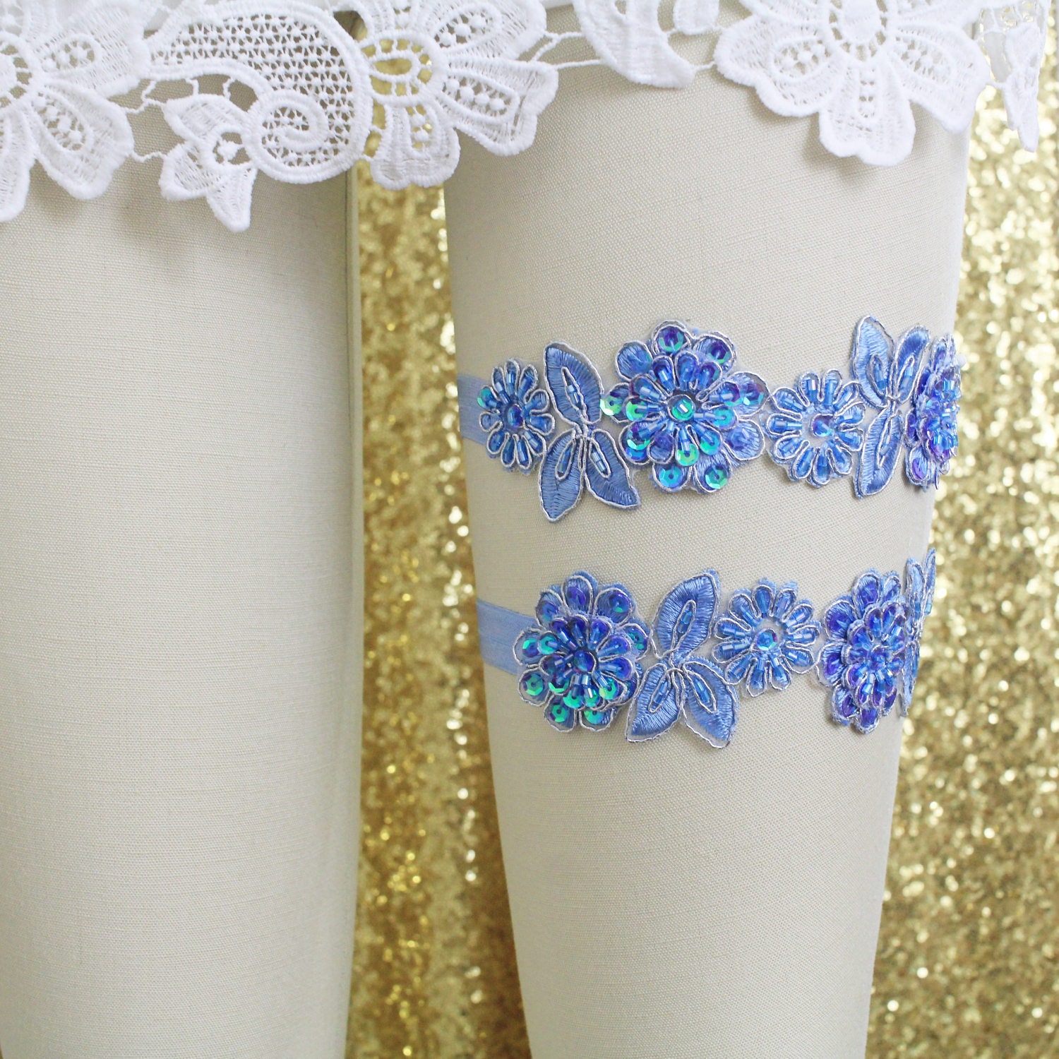 Blue Sequined Flower Lace Wedding Garter Powder Blue Wedding - Etsy