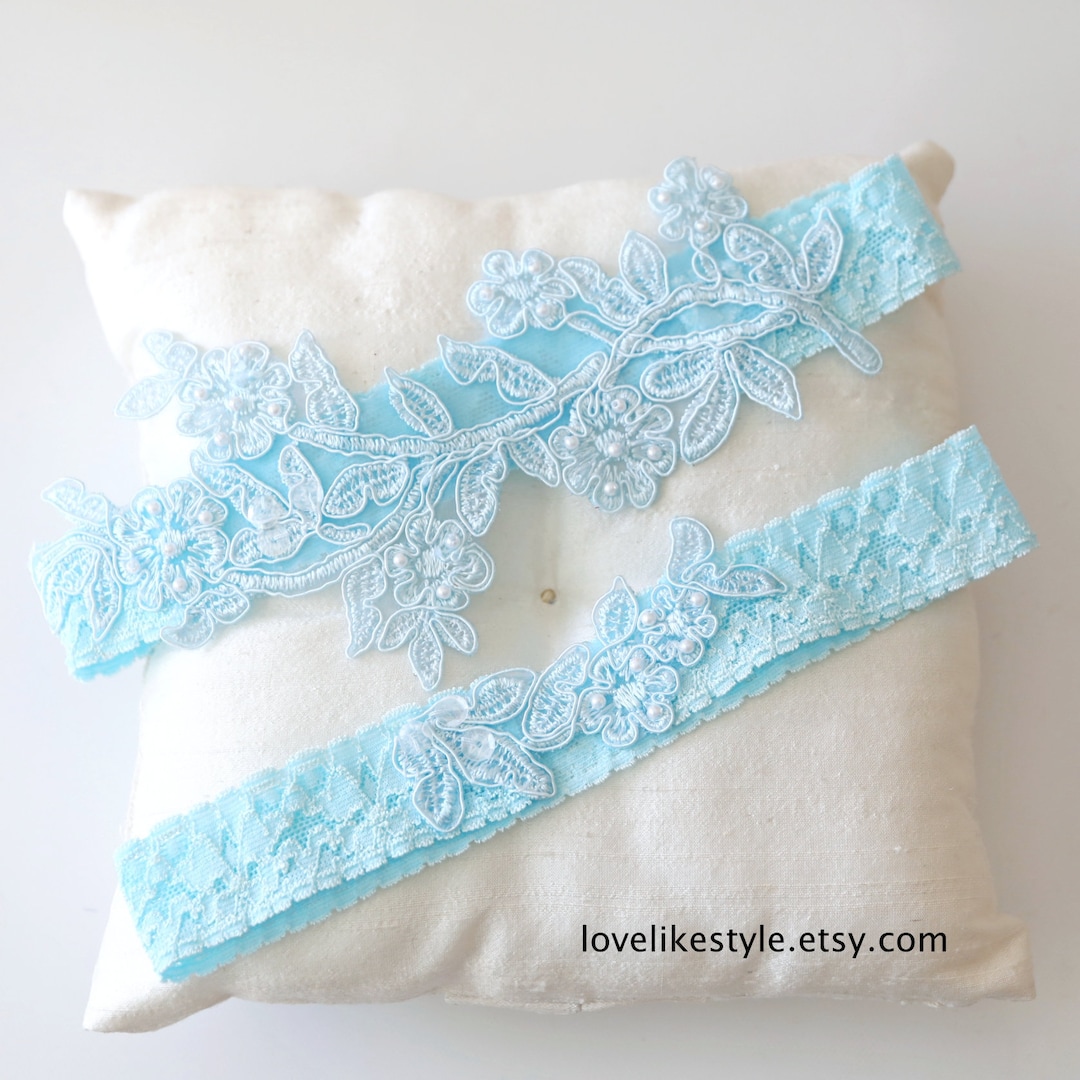 Light Blue Pearl Beaded Lace Wedding Garter Set: Something Blue - Etsy