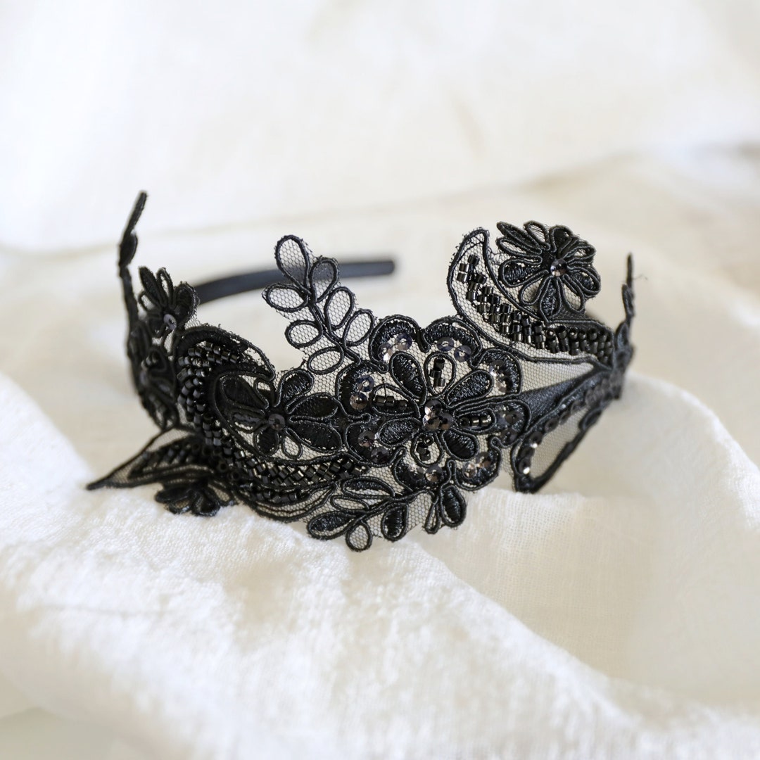 Black Beaded Lace Headband, Bridal Hair Accessory - Etsy