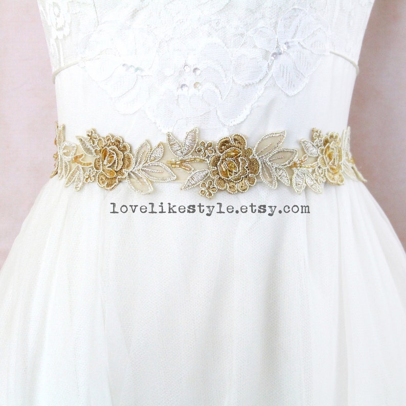 Light Gold and Tan Embroidery Flower Lace Sash Bridal Sash | Etsy