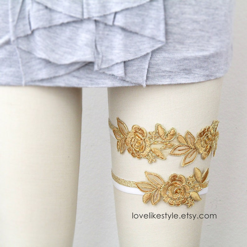 Gold Flower Lace Garter Set Gold Lace Wedding Garter Gold | Etsy