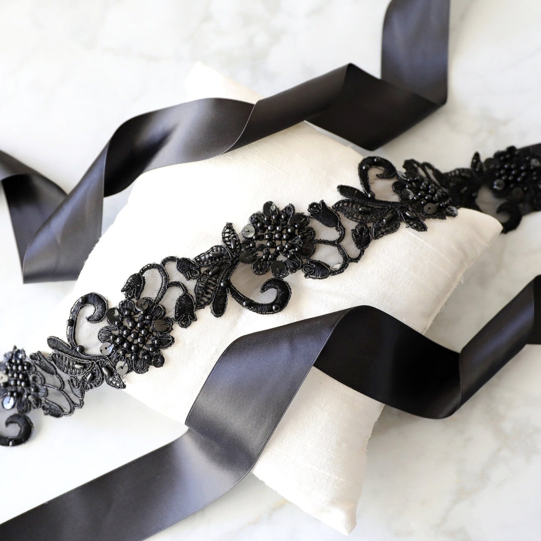 Black Beaded Lace Sash, Bridal Sash, Bridal Black Sash, Bridesmaid Sash ...