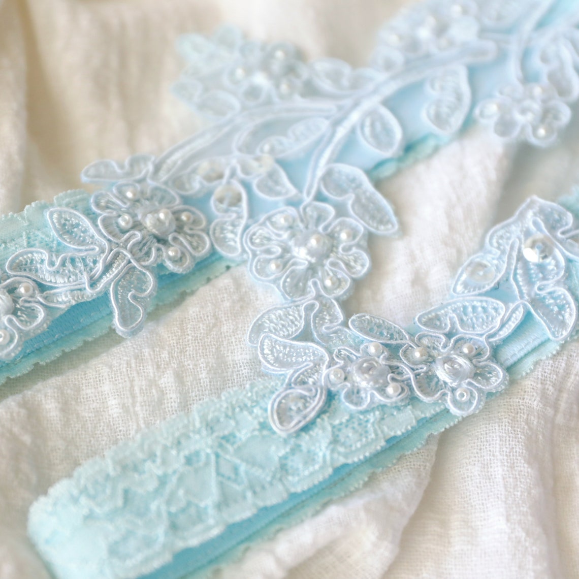 Light Blue Pearl Beaded Lace Wedding Garter Set blue Lace - Etsy