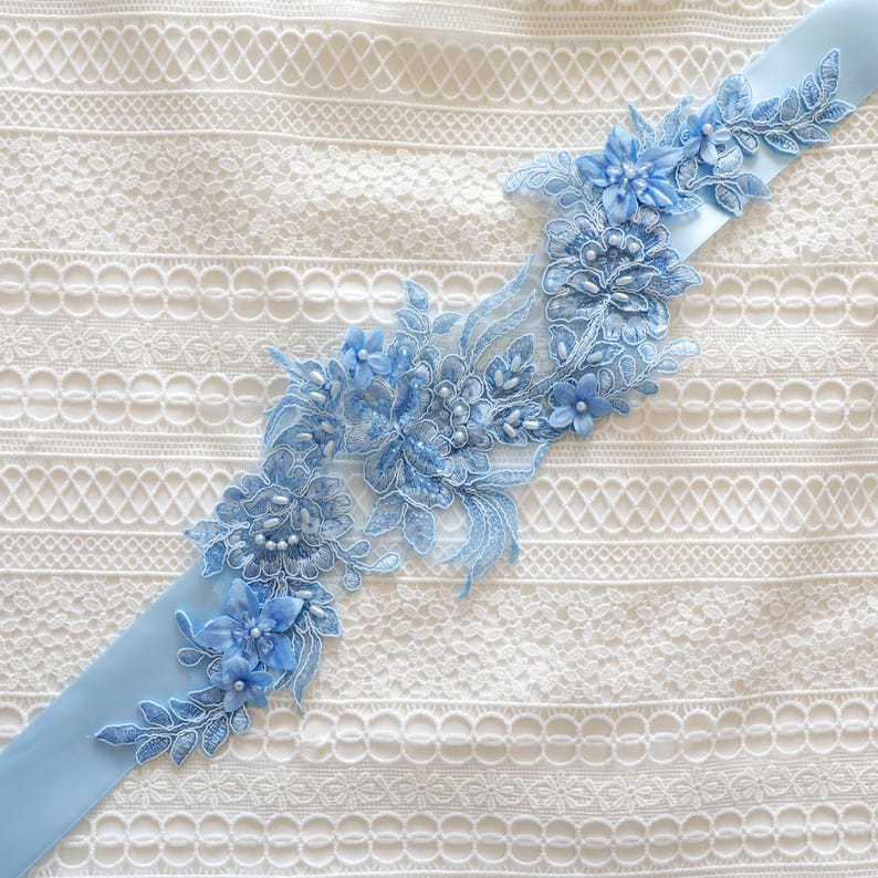 Light Blue Beaded Lace Bridal Sash: Flower Girl Bridesmaid Belt - Etsy