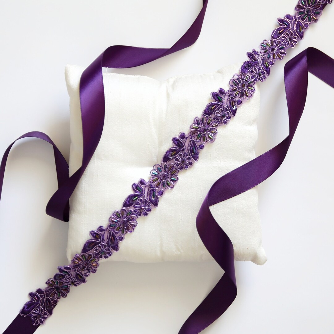 Dark Purple Beaded Lace Sash, Plum Lace Bridal Sash, Bridesmaid Sash ...