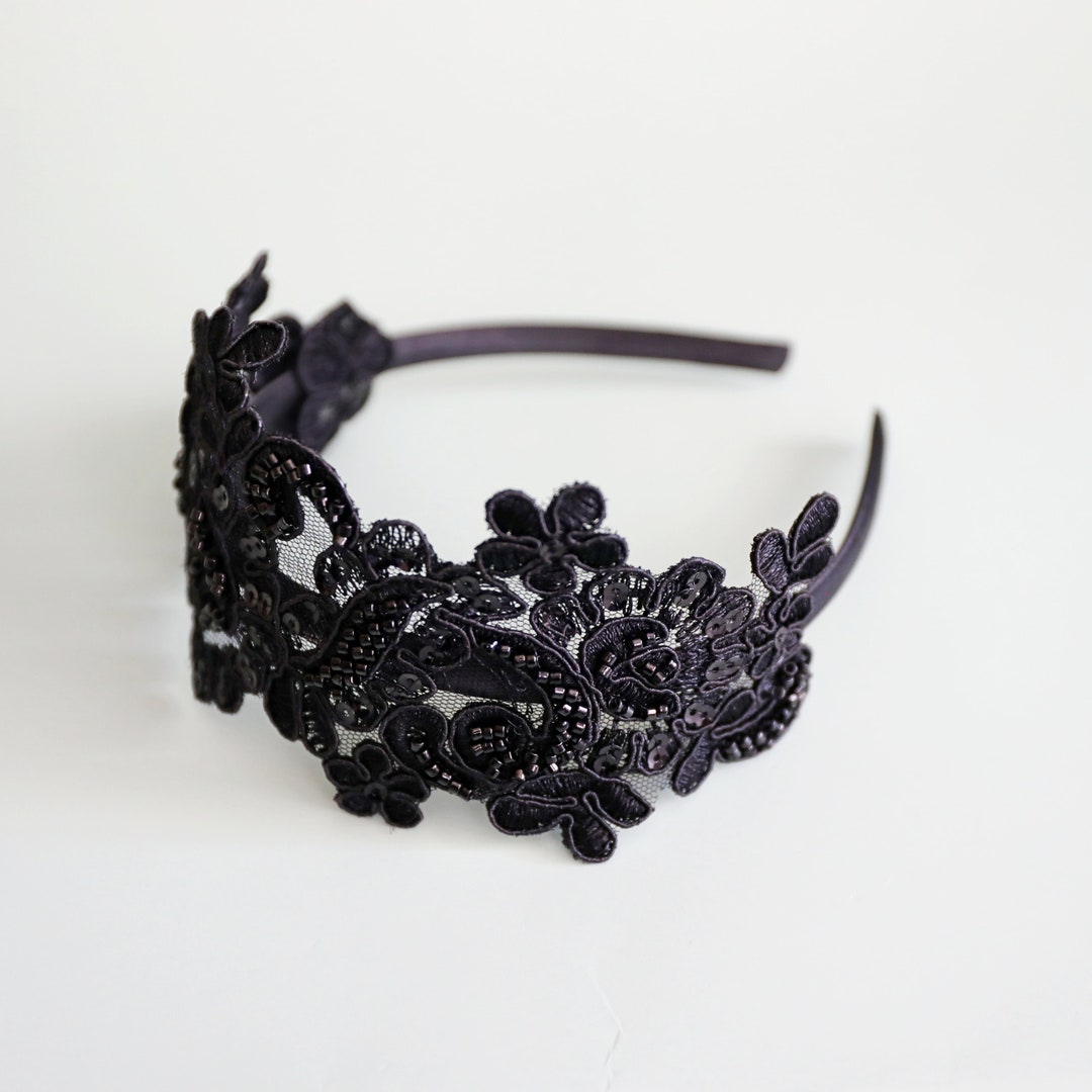 Black Beaded Lace Headband: Bridal Embroidered Hair Accessory - Etsy