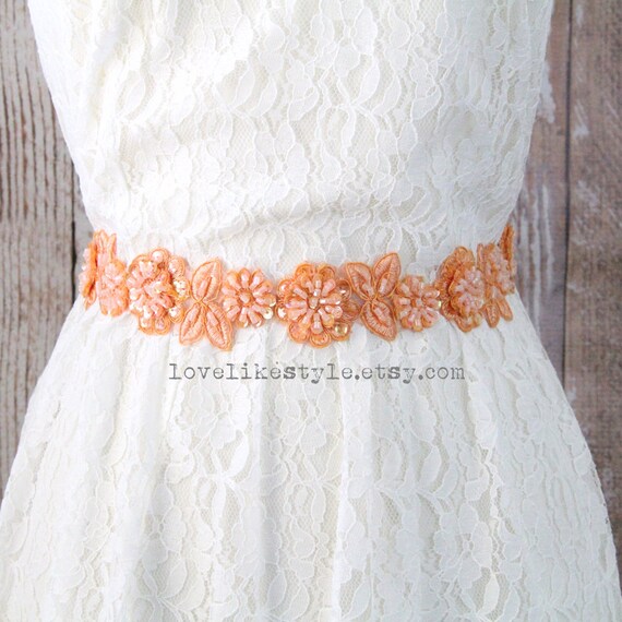 Peach Beaded Lace Sash Peach Lace Headband Bridal Sash - Etsy