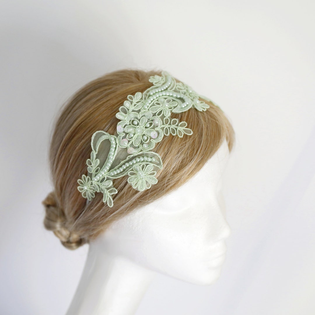 Mint Green Beaded Lace Headband, Bridal Mint Lace Headband, Mint Head ...