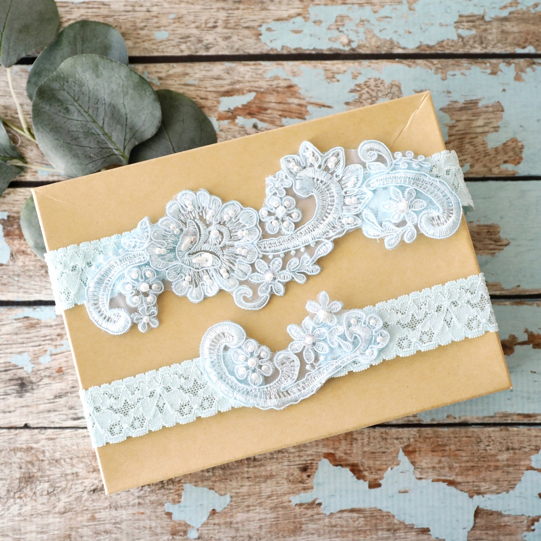 Light Blue Beaded Lace Wedding Garter Set , Light Blue Lace Garter Set ...