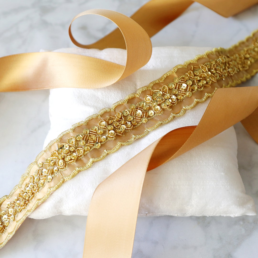 Gold Sequined Lace With Old Gold Ribbon Sash, Bridal Gold Sash ...