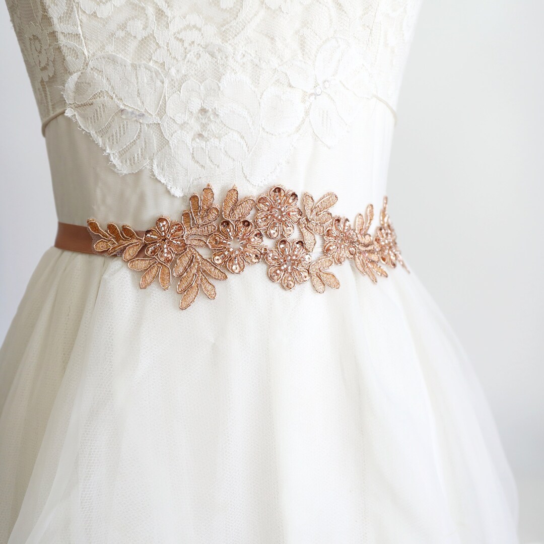 Rose Gold Beaded Lace Sash Belt, Bridal Rose Gold Sash, Flower Girl ...