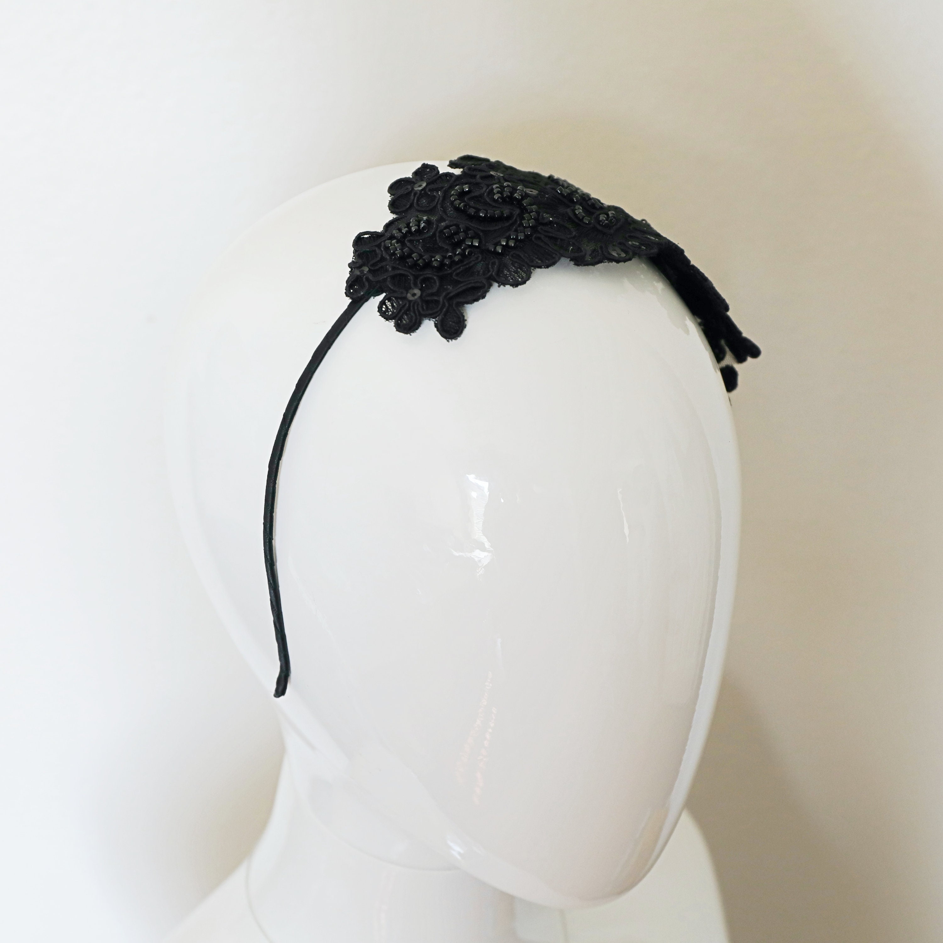 Black Lace Headband: Beaded Sequin Embroidery, Bridal Headpiece - Etsy