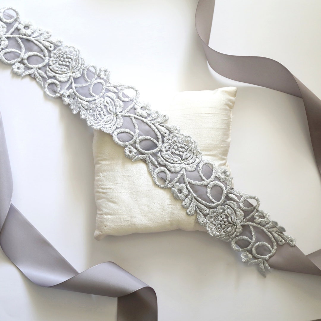 Silver and Gray Beaded Embroidery Lace Sash, Silver Bridal Sash ...